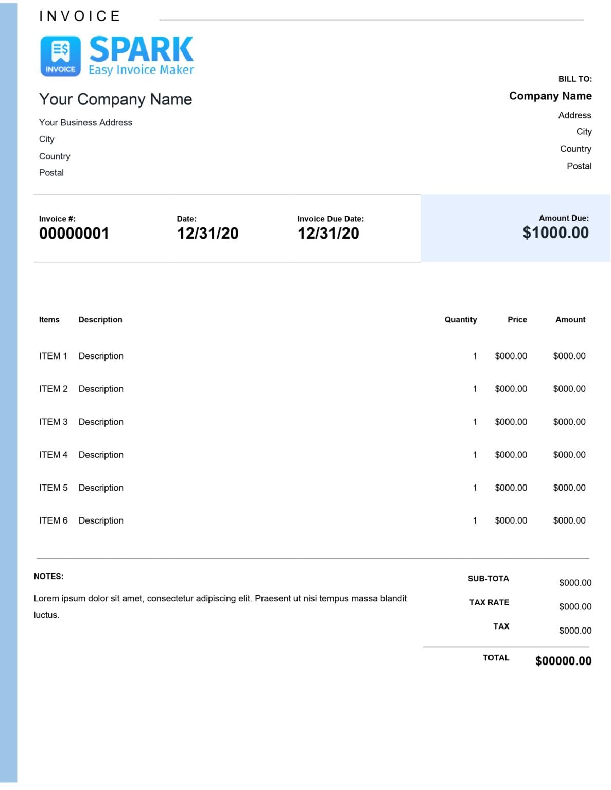 Blank Invoice Template - Spark Invoice